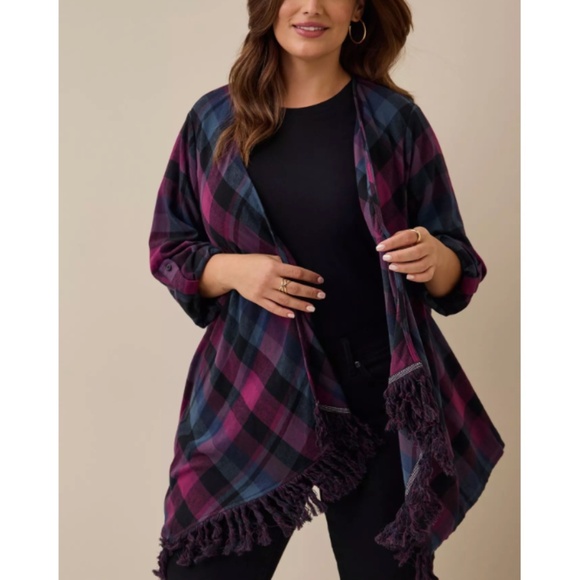 torrid | Jackets & Coats | Torrid Flannel Drape Fringe Hem Purple Blue ...